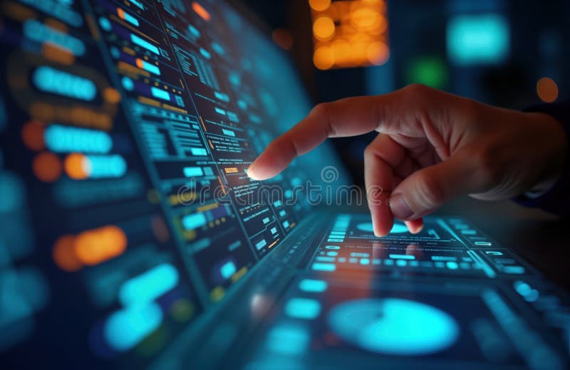 Person Interacts with Advanced Augmented Reality Dashboard. Developer Uses Tech Interface for ...