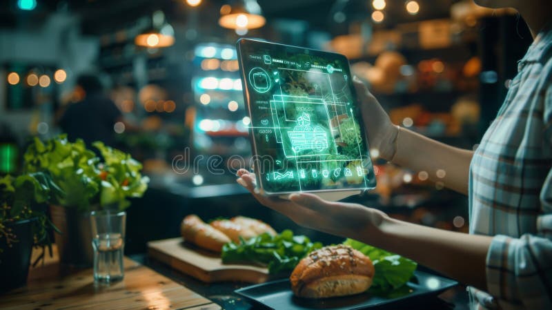 A Person Interacts with an Augmented Reality Tablet, Selecting Food ...