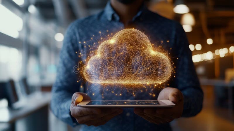 A Person Interacts with a Digital Cloud Display on a Tablet in a Modern ...