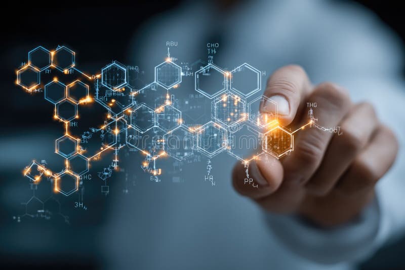 A Person Interacts with a Digital Display Showcasing Complex Molecular ...