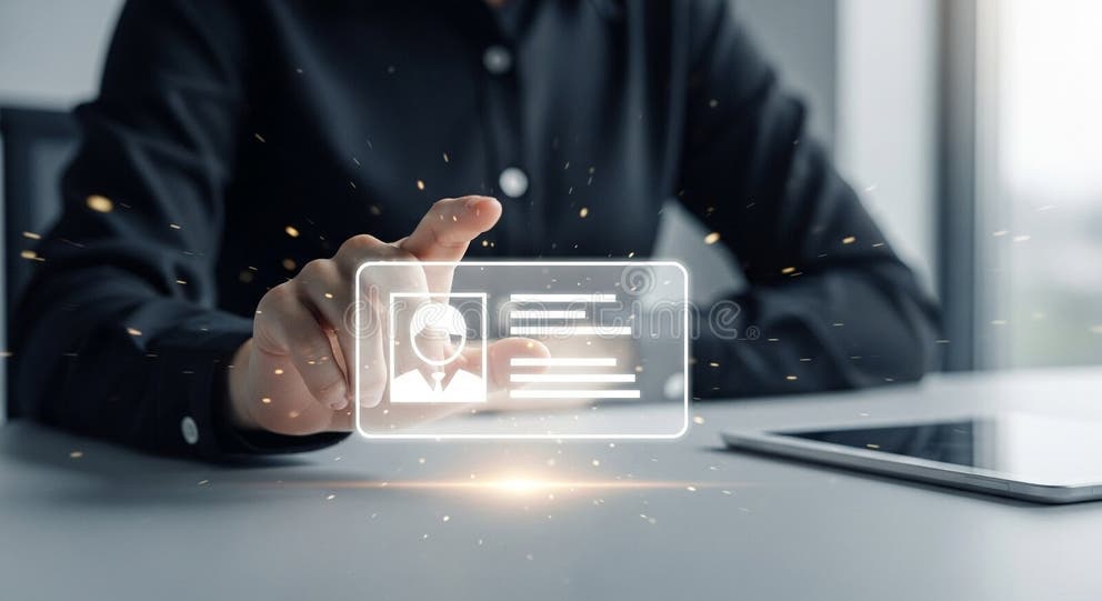 Person Interacting with a Digital Id Card Interface on a Table with a ...