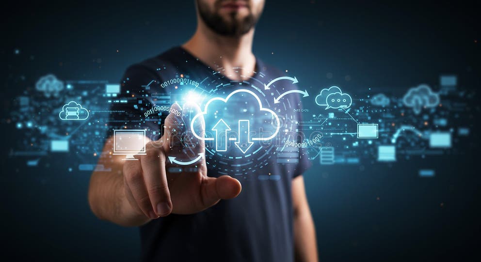 A Person Interacts with a Digital Interface Featuring Cloud Computing ...