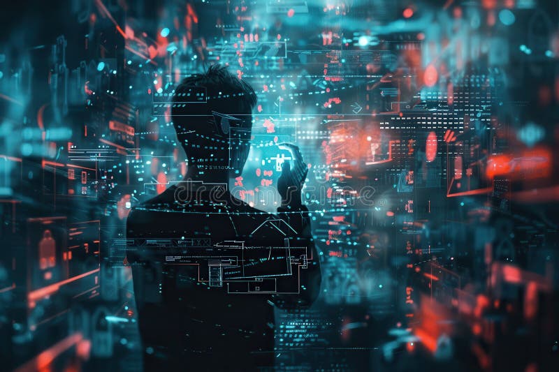 A Person Interacting with a Digital Interface with Glowing Blue and Red ...