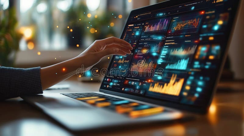 Person Interacts with Digital Marketing Dashboard on Laptop. Colorful ...