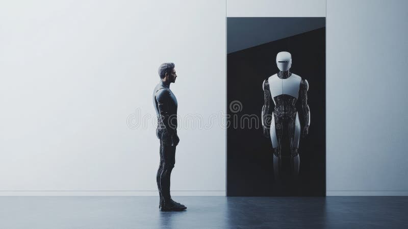 A Person Interacts with a Digital Mirror Showing a Robot Reflection ...