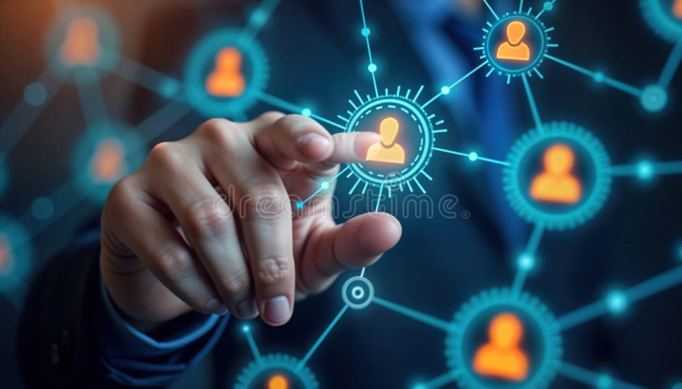 Person Interacts with Digital Network of Customer Profiles. Modern CRM ...