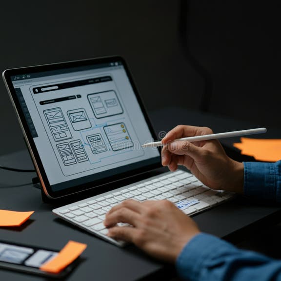 A Person Interacts with a Digital Tablet Displaying a User Interface Design, Using a Stylus ...