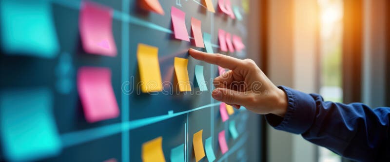 Person Interacts with Digital Task Board. Hand Organizes Colorful ...