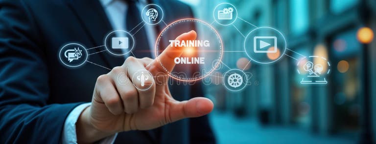 Person Interacts with Digital Training Interface. Hand Touches Virtual ...