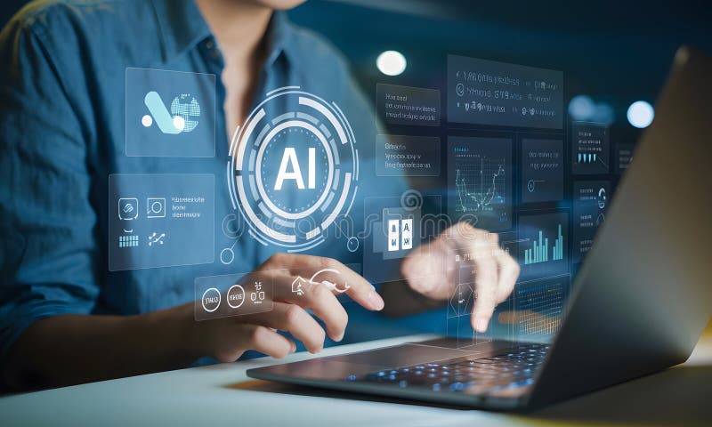 Person Using Laptop with Futuristic AI Interface Digital Technology ...