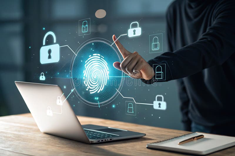 Businessman Hand Touching Finger in Biometric Security Interface with ...