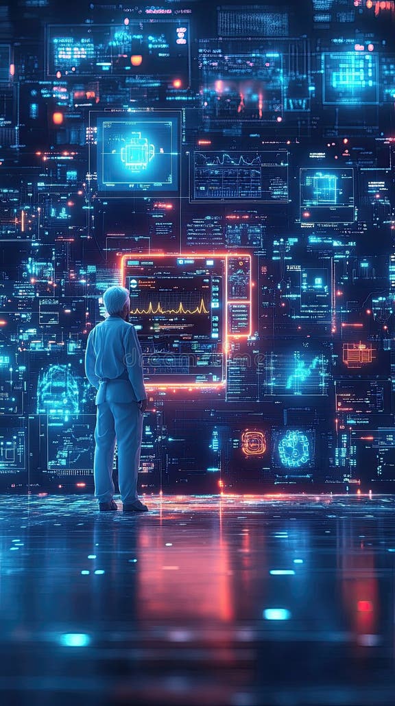 A Person Interacts with a Futuristic Digital Interface, Exploring Data ...