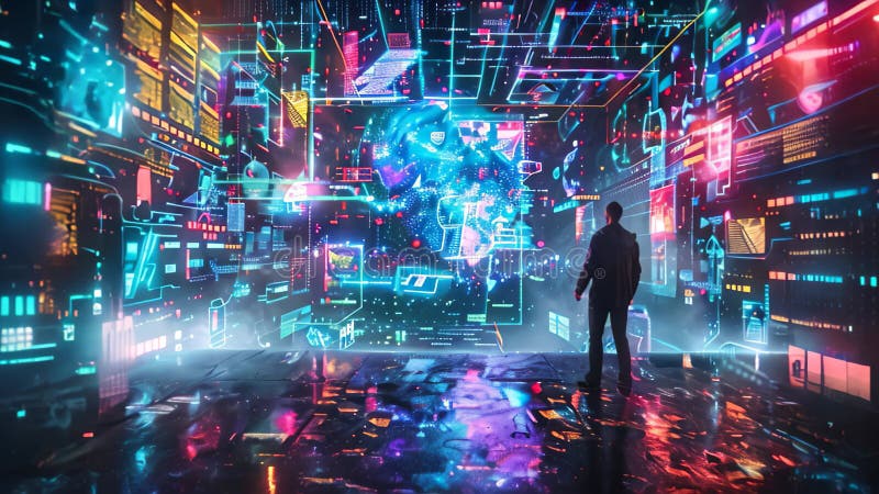 A Person Interacts with a Futuristic Digital Interface, Reaching Out To ...