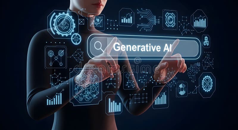 Person Interacting with Generative AI Technology Interface with Futuristic Data Stock ...