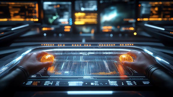 A Person is Operating a Futuristic Interactive Control Panel Stock ...