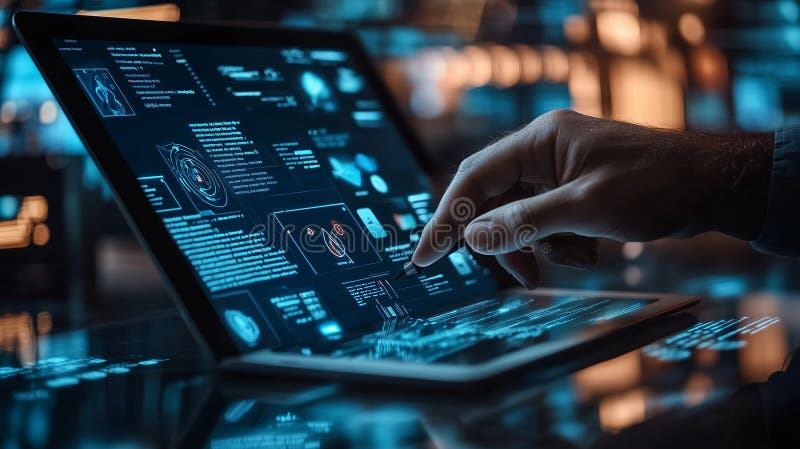 A Person Interacts with a High-tech Tablet Displaying Advanced Data ...