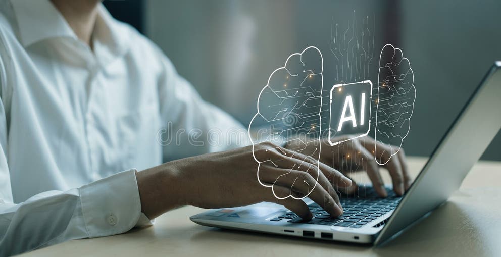 Hands Typing on Laptop with AI Graphics for Generative Artificial ...