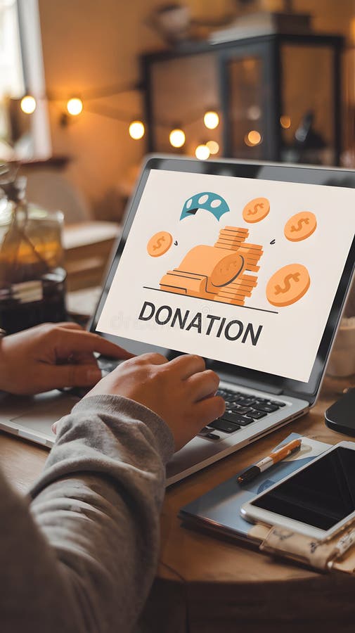 Warm Indoor Setting Shows Laptop with Donation Graphic, Emphasizing ...