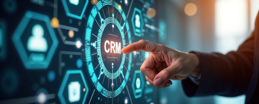 Person Interacts with Modern CRM Software Interface. Digital Dashboard ...