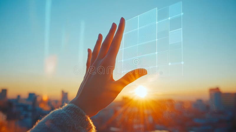 A Person Interacts with Smart Glass Technology during Sunset in an ...