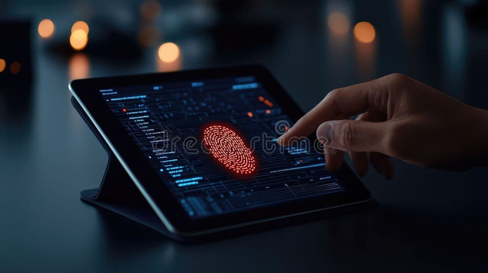 A Person Interacts with Tablet Displaying Fingerprint Scan Interface ...