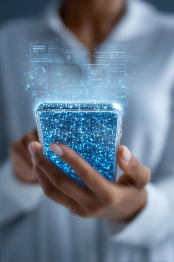 Person Interacts with Transparent Holographic Smartphone Displaying ...