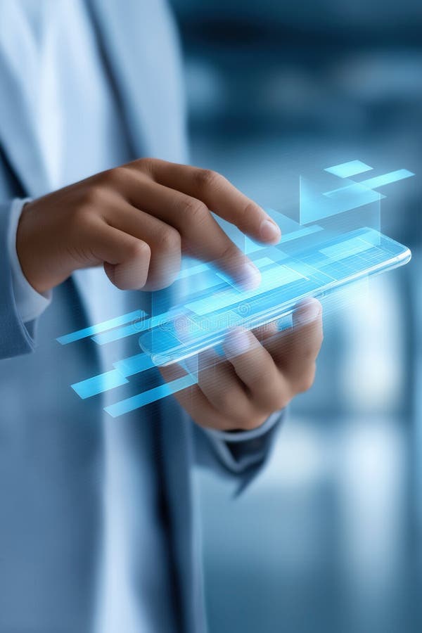 Person Interacts with Transparent Holographic Smartphone while ...