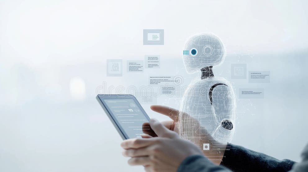 Person Interacts with Virtual AI Assistant. Person Uses Tablet. AI ...