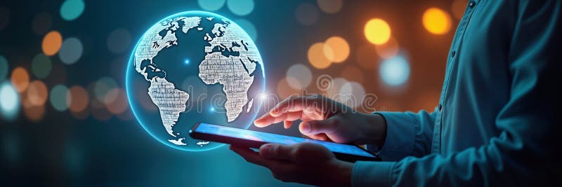 Person Interacts with Virtual Globe on Tablet. Global Communication Tech Displayed. Study ...