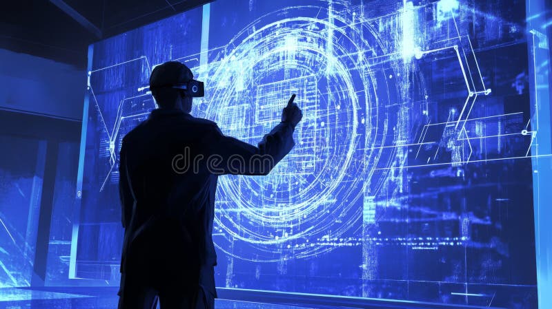 Person Interacts with a Virtual Reality Display Late at Night Stock ...