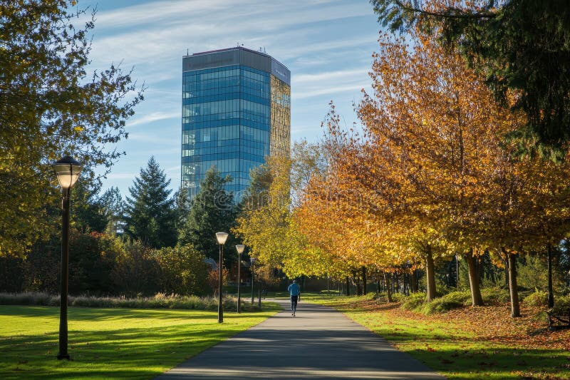 A Person Jogging Along a Path Lined with Trees and a Modern Building in ...
