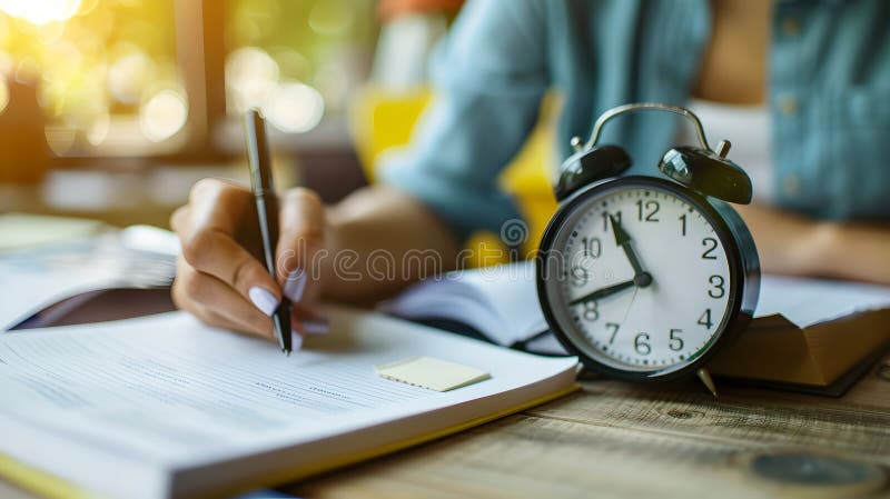 Focused Person Writing in Notebook by Vintage Alarm Clock. Time ...