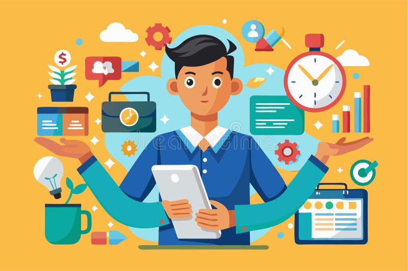 A Person Juggles Multiple Tasks with a Tablet, Surrounded by Symbols of ...