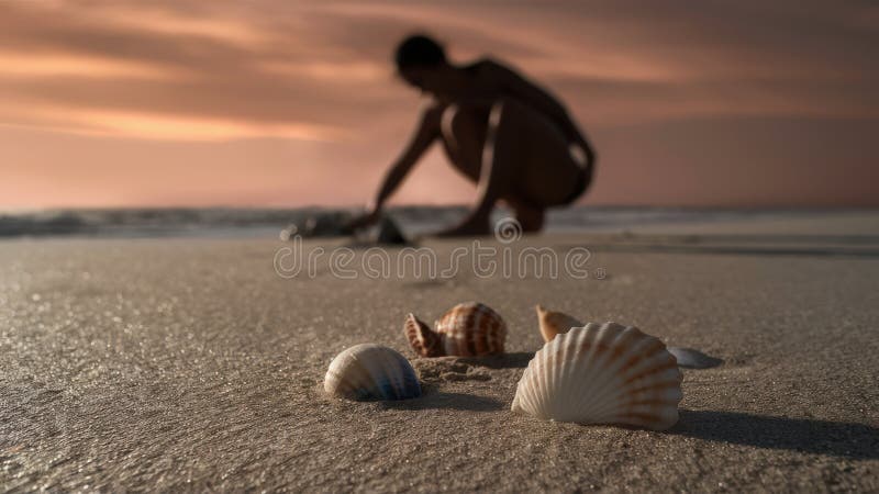 A Person Kneeling on the Beach with Shells in Hand, AI Stock Image ...