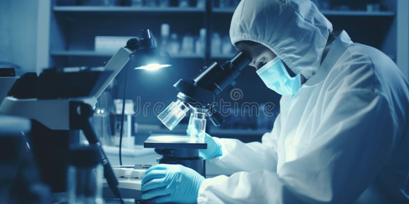 A Person in a Lab Coat Examining Something Under a Microscope. Ideal ...