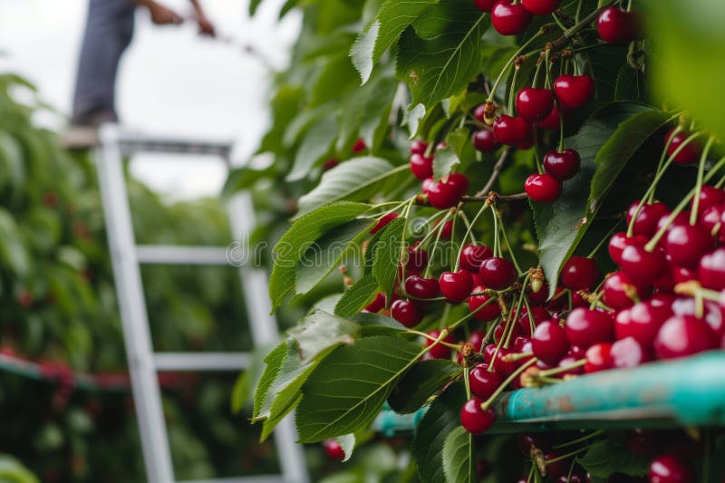 Person on a Ladder Picking Cherries from a Tree Stock Image - Image of ...