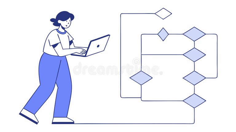 Person with Laptop, Flowchart Elements, Digital Process, Vector Design ...