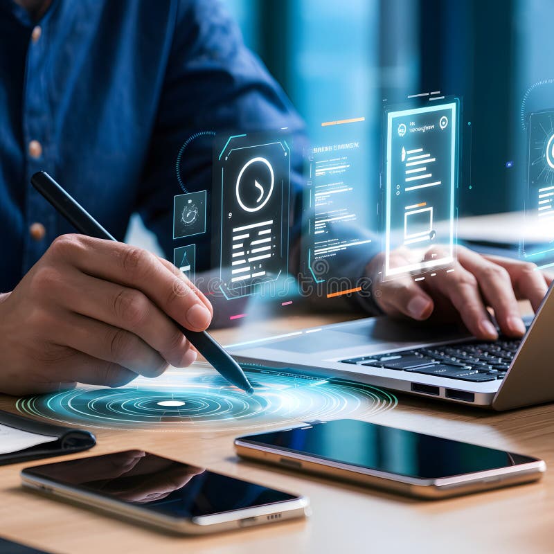 Person with Laptop and Stylus Interacts with Digital Documents, Modern ...