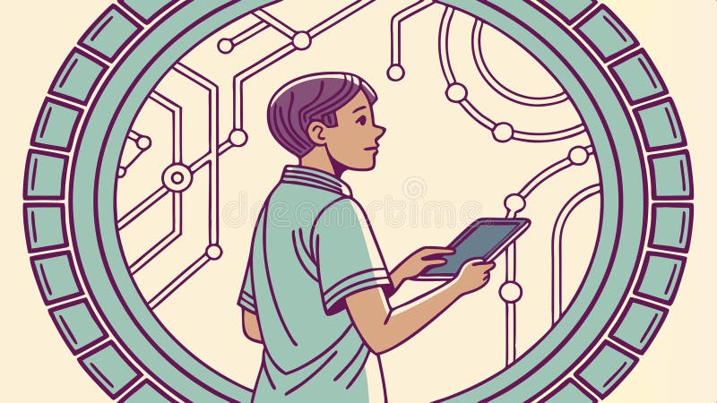 Person with Laptop Technology Circuit Digital Connection Vector Design ...