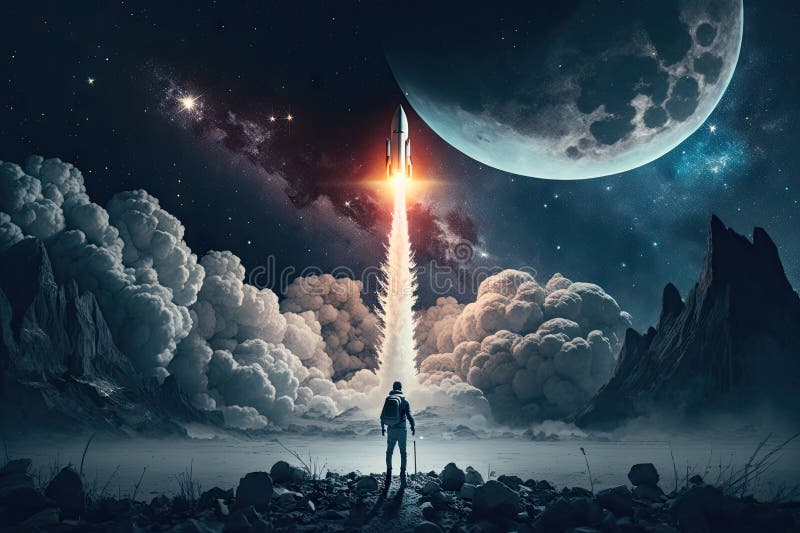 Person, Launching Rocket into Space, with View of the Moon and Stars ...