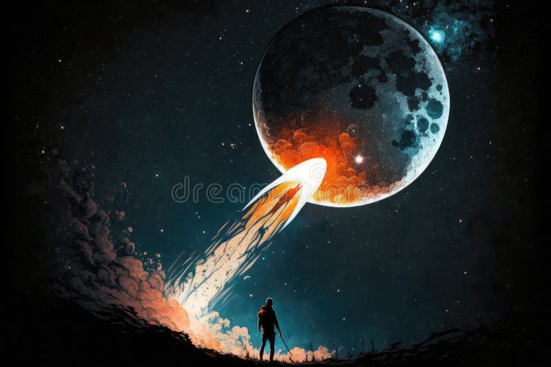 Person, Launching Rocket into Space, with View of the Moon and Stars ...