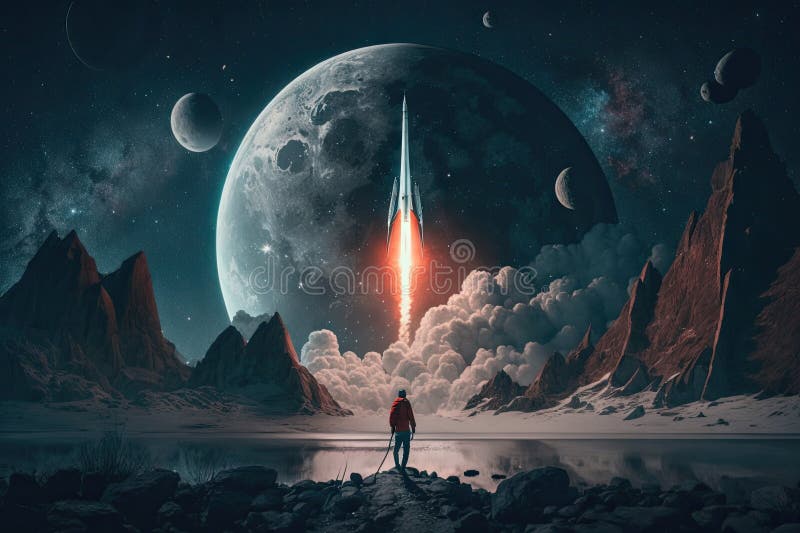 Person, Launching Rocket into Space, with View of the Moon and Stars ...