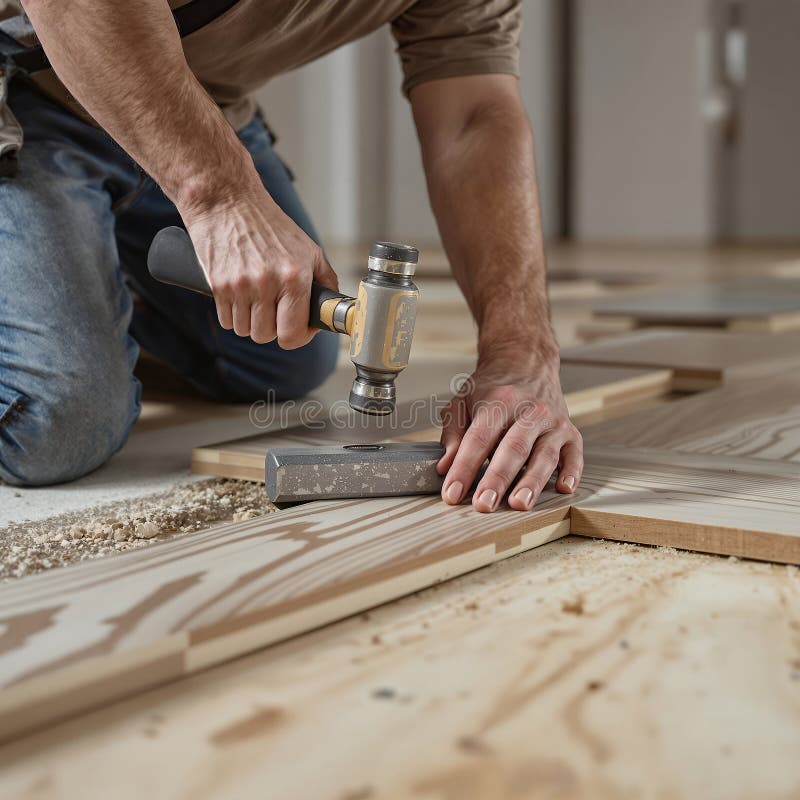 A Person Lays Wooden Floor Panels with Care, Using a Mallet and Spacer ...