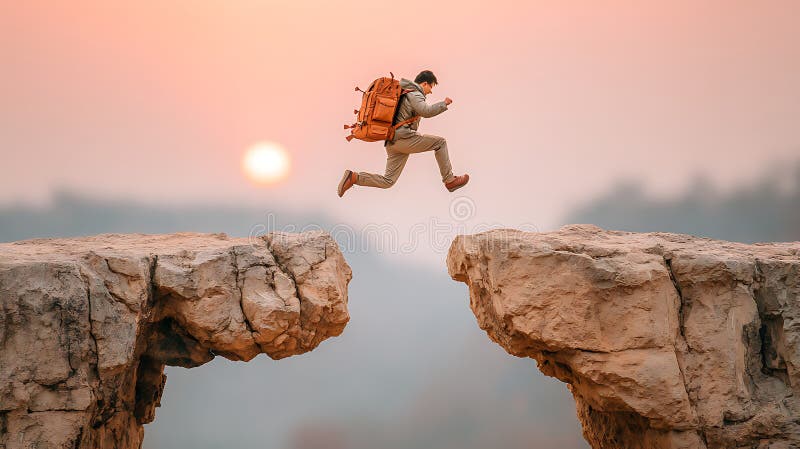 Person Leaps Across Gap between Cliffs at Sunset Stock Illustration ...