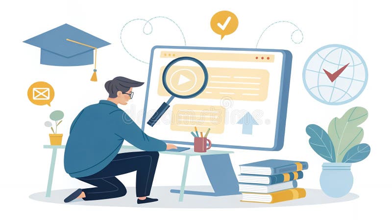 Person Learning Online with a Magnifying Glass and Education Icons ...
