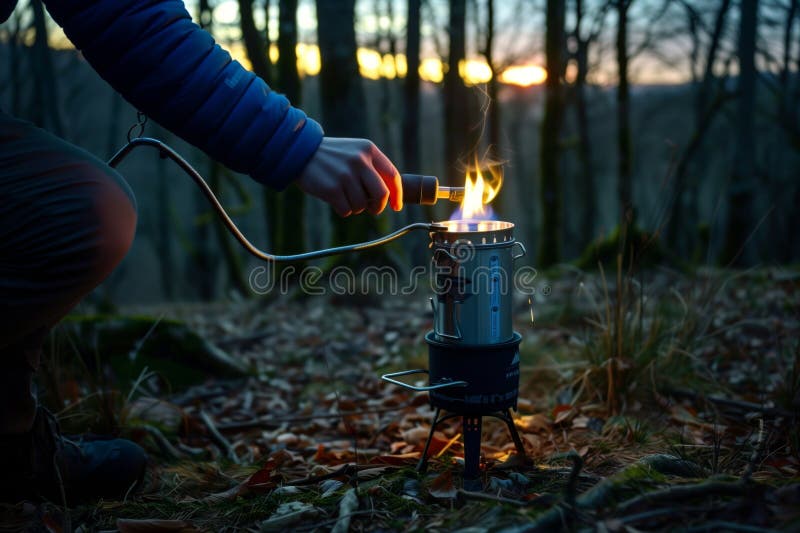 Person Lighting a Portable Camping Stove in a Forest at Dusk Stock ...