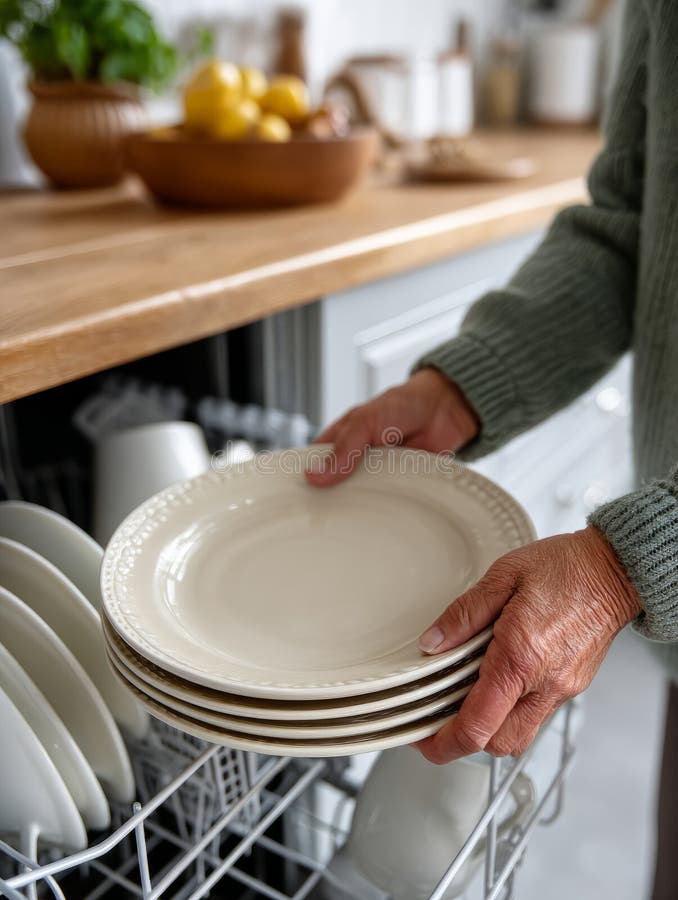 Person Loading Dishes into a Dishwasher. Stock Image - Image of ...