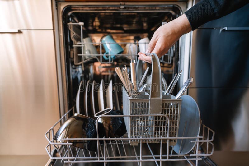 Person loading dishwasher stock photo. Image of electric - 247474484