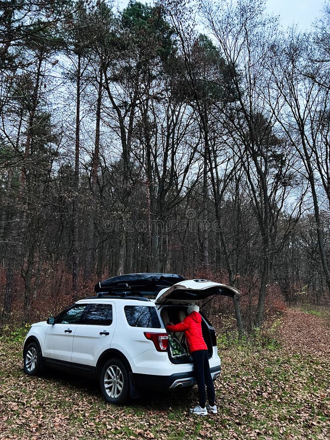 Person Loading Gear into a White SUV in a Forest Setting Stock Image ...