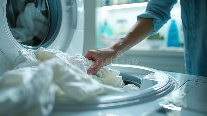 Person Loading Laundry into Washing Machine. Stock Image - Image of ...